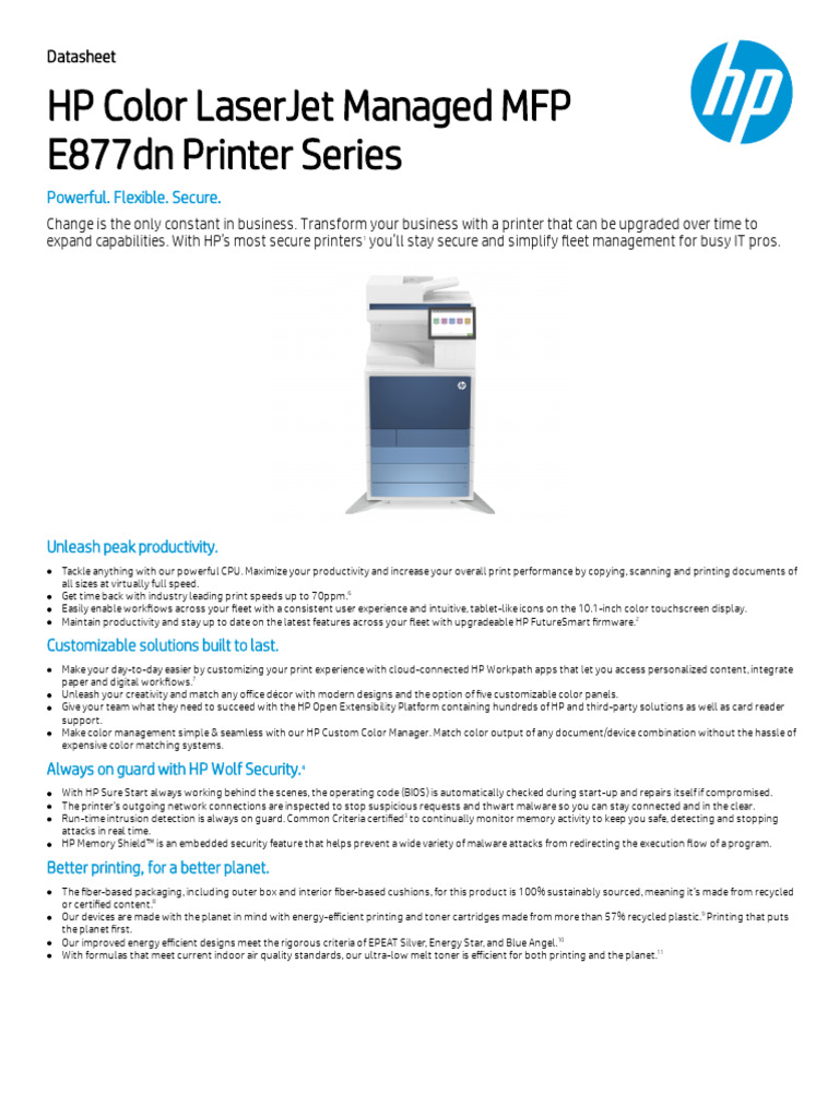 HP Color Laserjet Managed MFP E877Dn Printer Series: Datasheet | PDF ...