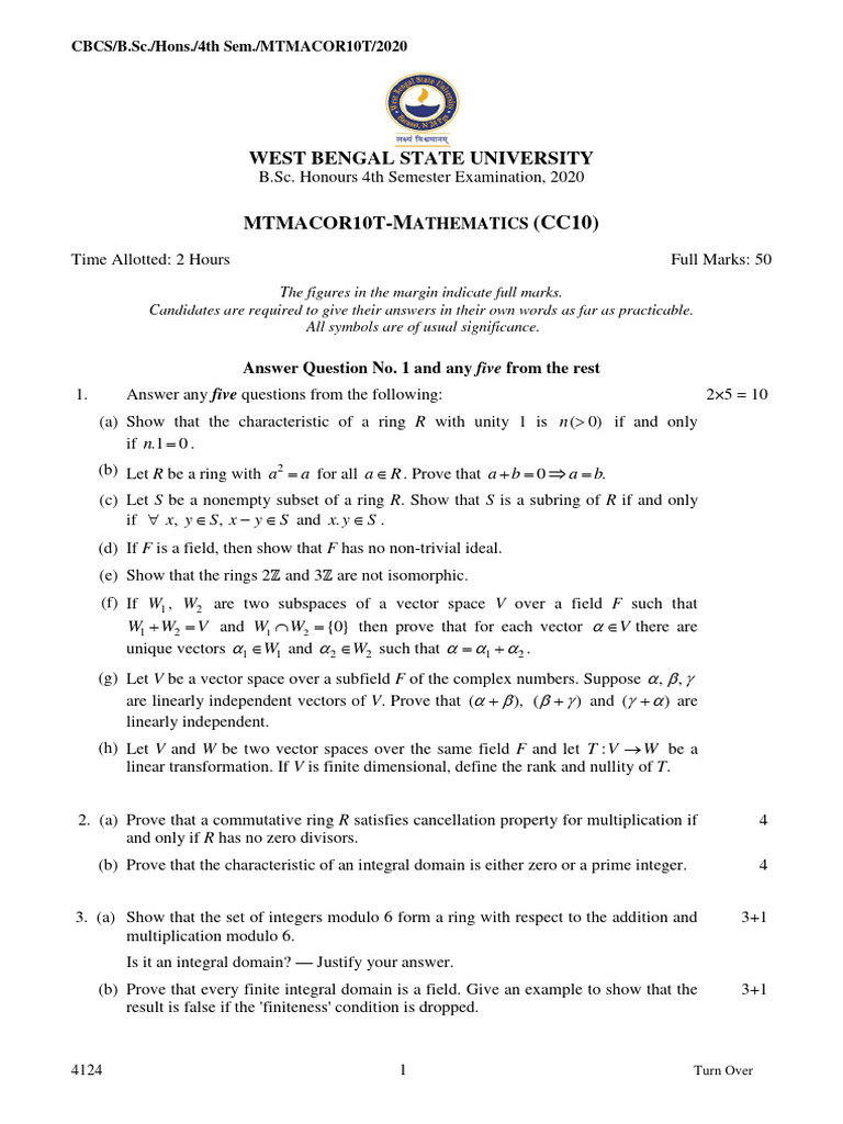 ZDU Question Paper 2 | PDF | Ring (Mathematics) | Linear Map