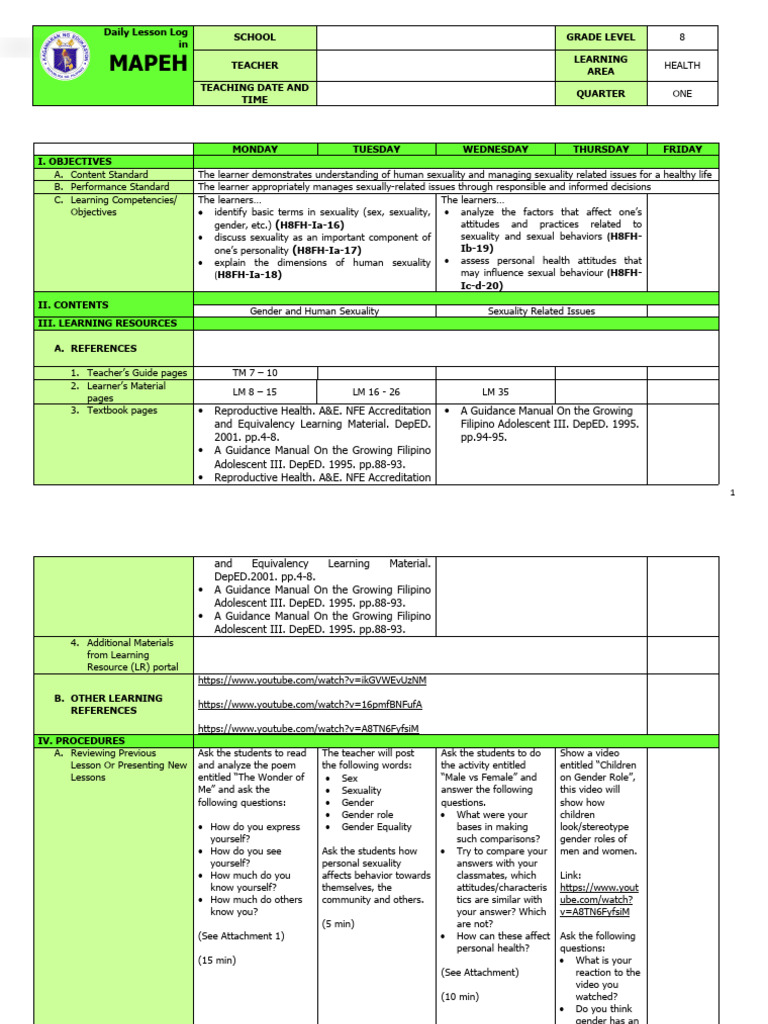 Q1 Grade 8 HEALTH DLL Week 1 | PDF | Gender Studies | Gender