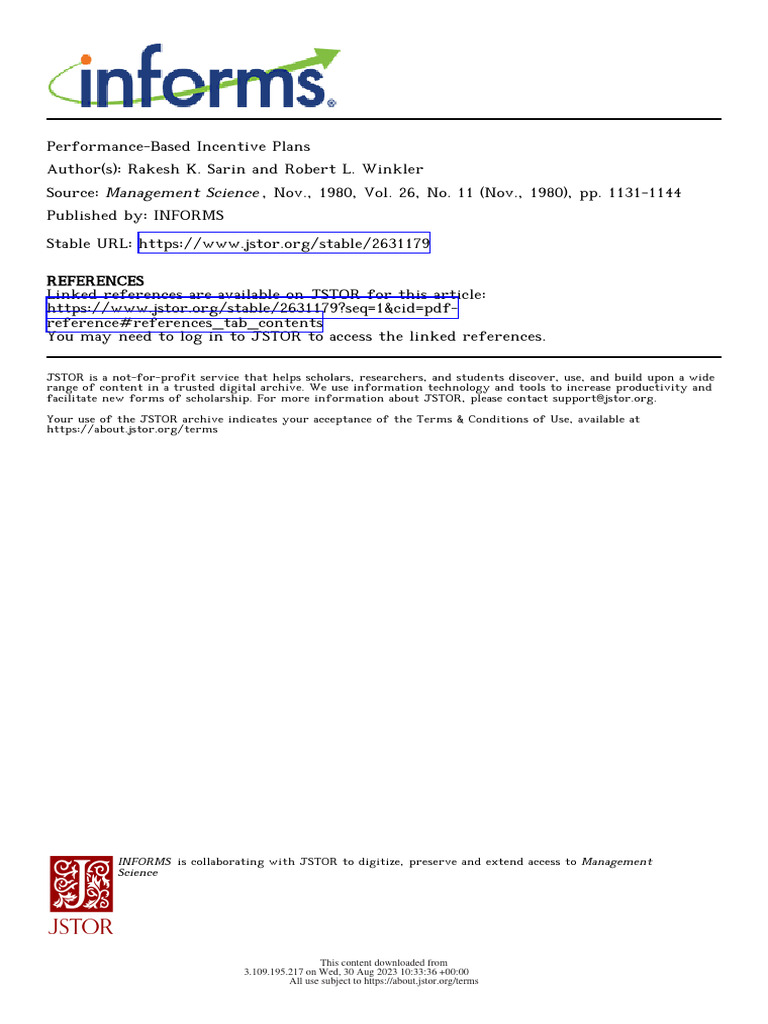 Sarin PerformanceBasedIncentivePlans 1980 | PDF | Incentive | Goal Setting