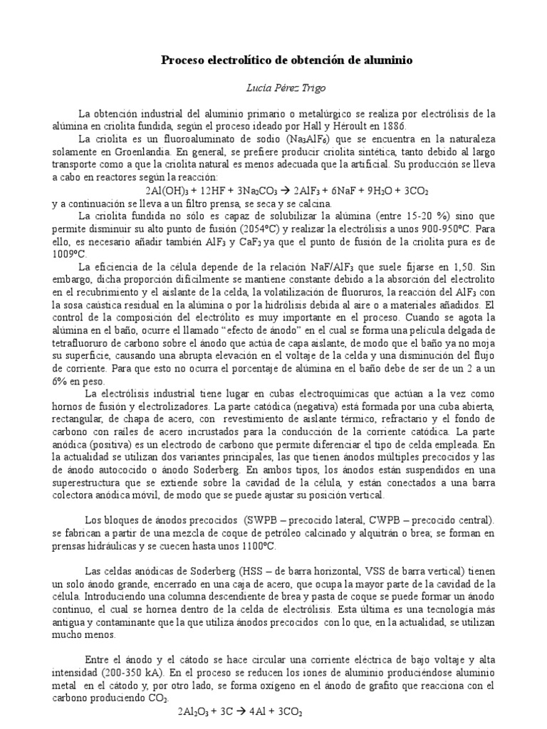 Proceso Electrolítico de Obtención Del Aluminio | PDF