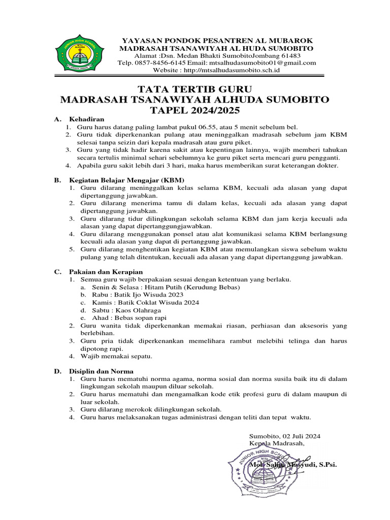 Tata Tertib Guru MTs Al Huda 2024/2025 | PDF