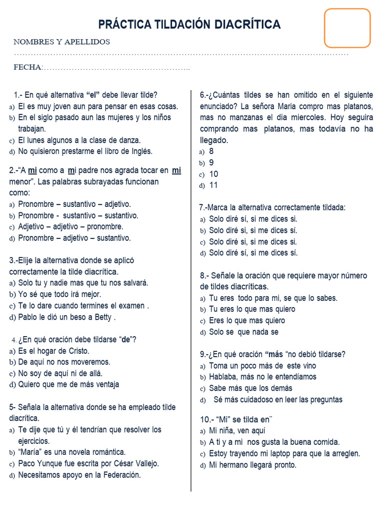 TILDE-DIACRITICA-PRACTICA 5to | PDF | Adjetivo