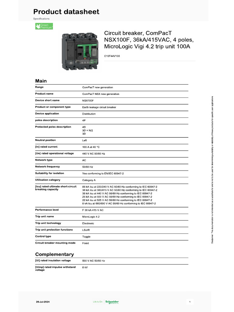 NSX100F MCCB Data Sheet | PDF