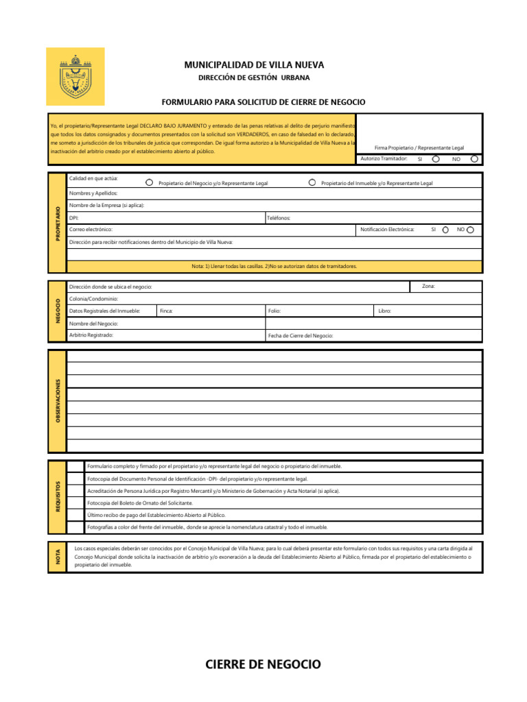 Formulario Cierre Establecimiento Abierto Publico VN | PDF