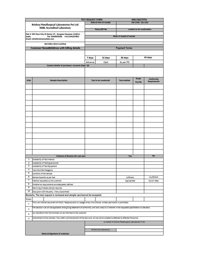 Krishna Metallurgical Laboratories Test Request Form | PDF | Business
