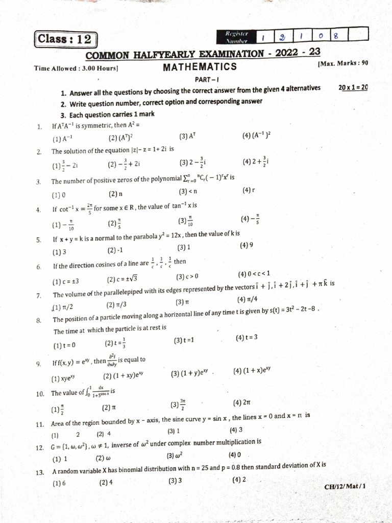 Class 12 Mathematics Half-Yearly Exam 2022 | PDF | Equations ...