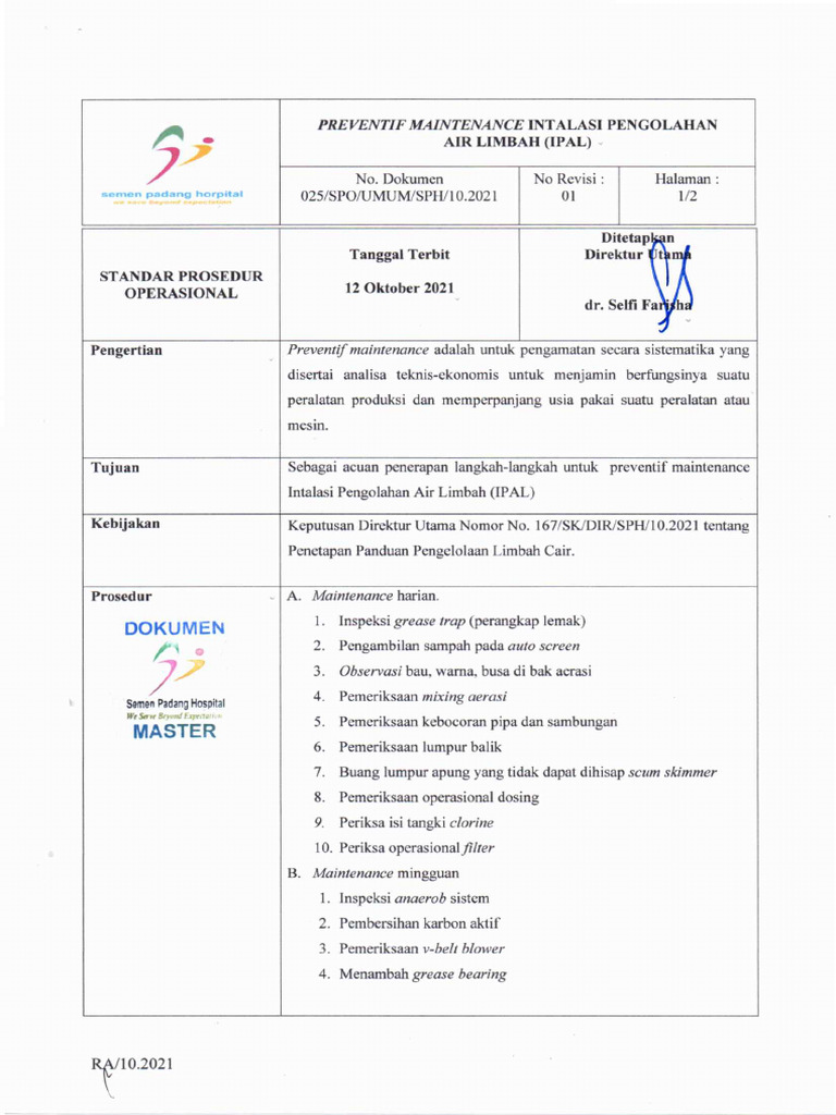 025 SPO Pengelolaan Instalasi Pengelolaan Air Limbah (IPAL) | PDF