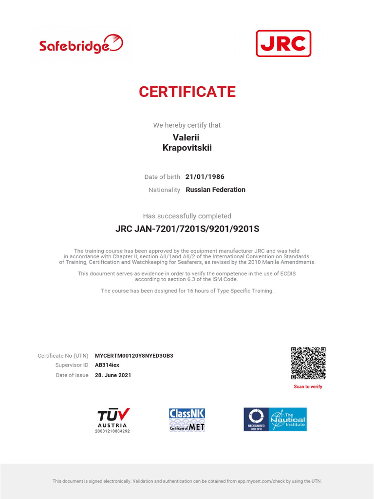 JRC Certificate Krapovitskii V. | PDF