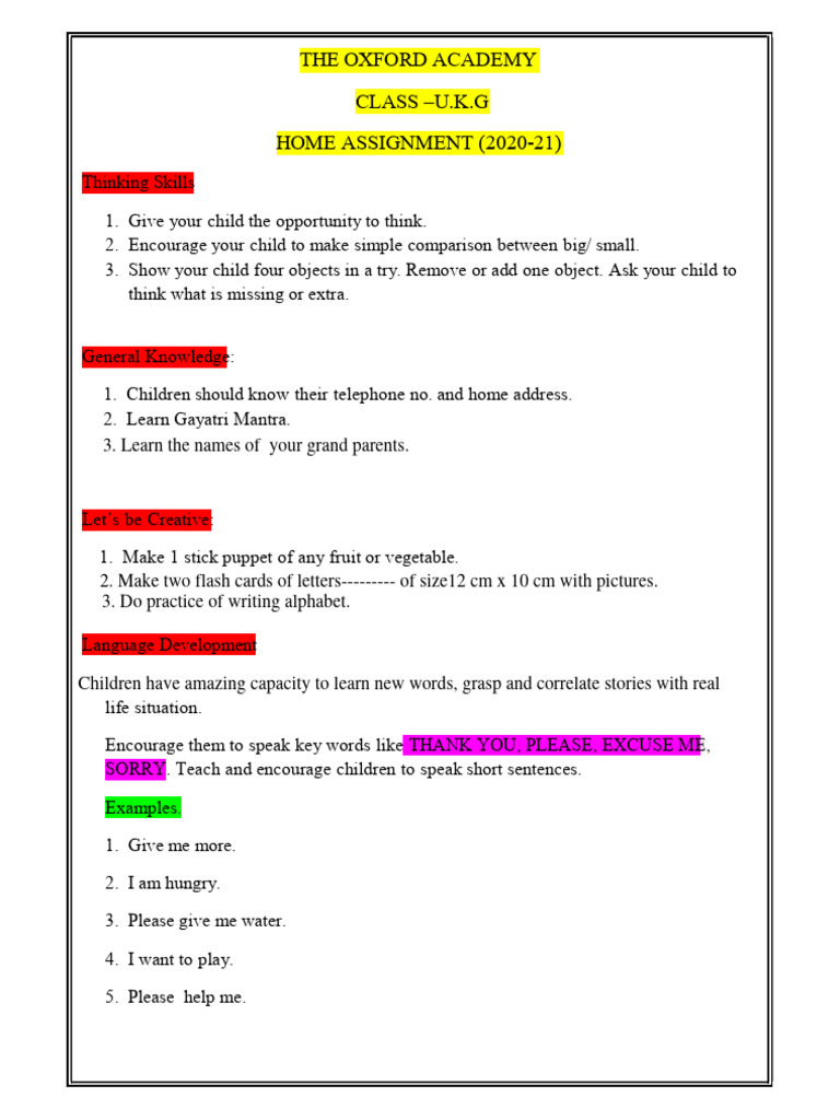Class UKG Assignment 2020 21 | PDF | Human Communication | Cognitive ...