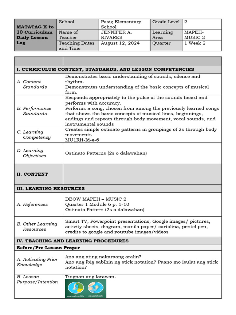 DLP Matatag Music Wk2 d1 August 12, 2024 | PDF