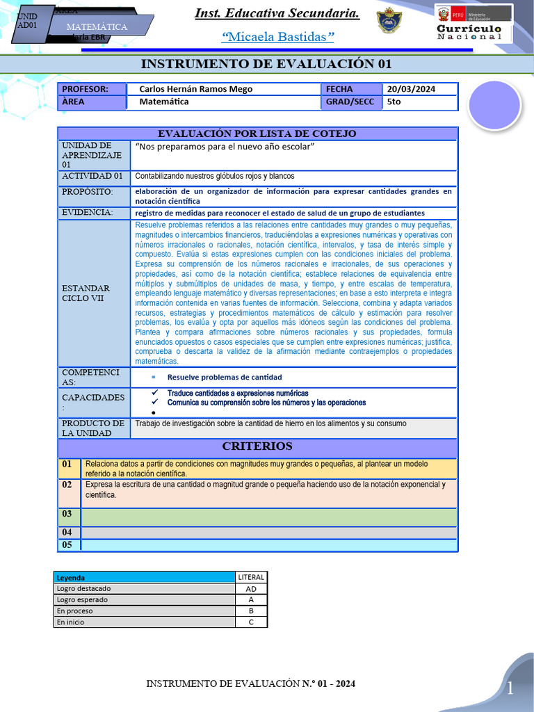 5º LC 1 MAT SEM 01 - UNIDAD 1 | PDF | Matemáticas | Science