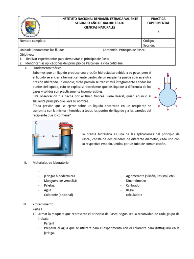 2° AÑO PRACTICA DE LABORATORIO # 2 PASCAL | PDF | Mecánica de Medios Continuos | Física Aplicada ...
