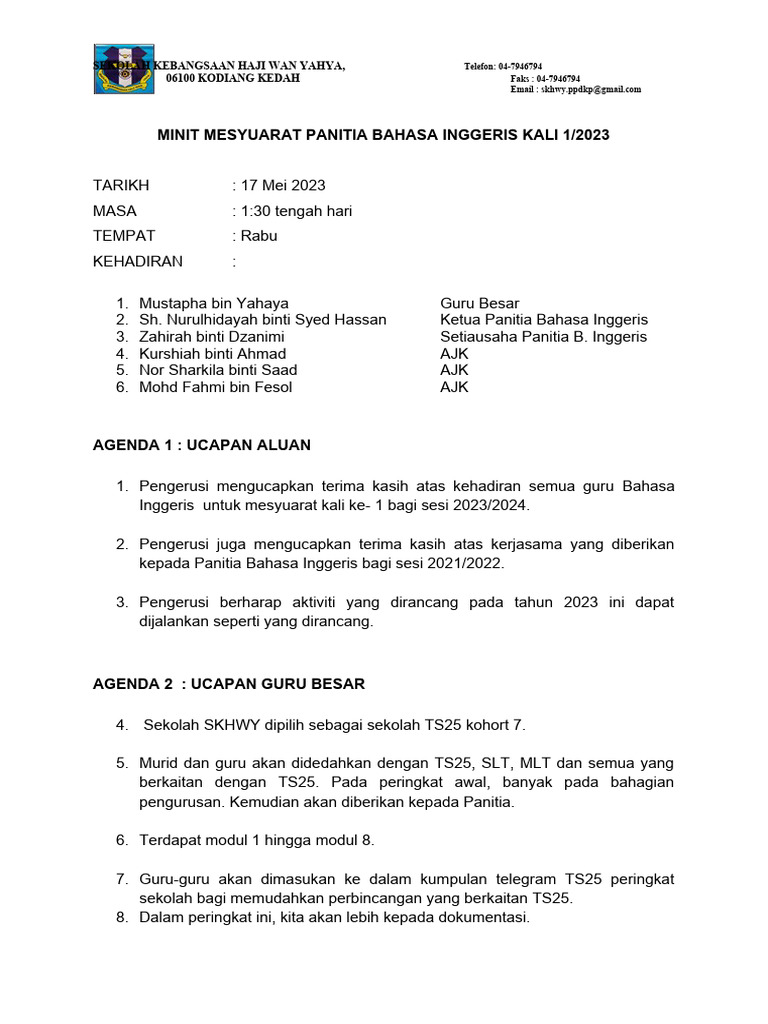 Minit Mesyuarat Bi Kali 1 2023 | PDF