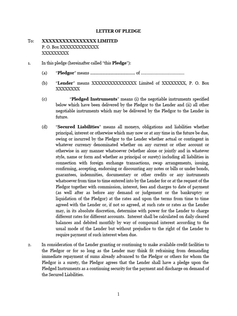 Letter of Pledge For Loan | PDF | Indemnity | Interest