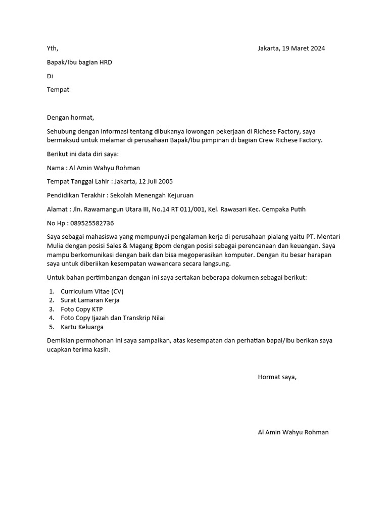 Surat Lamaran Richese Factory | PDF | Karier & Perkembangan | Bisnis