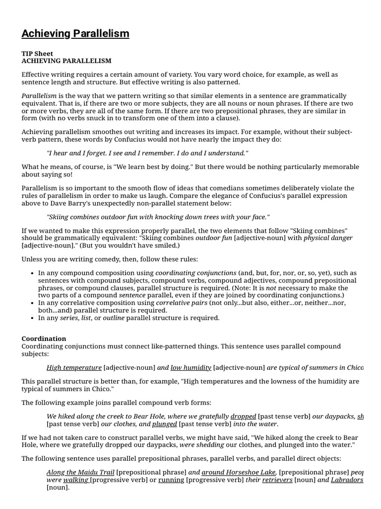 Achieving Parallelism - TIP Sheets - Butte College1 | PDF | Verb | Phrase