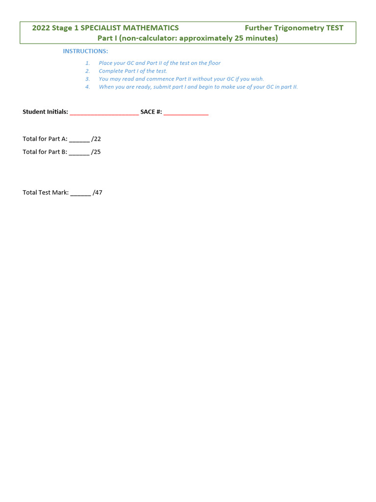 2022 Stage 1 Spec Further Trig Test (RS) | PDF | Trigonometric ...