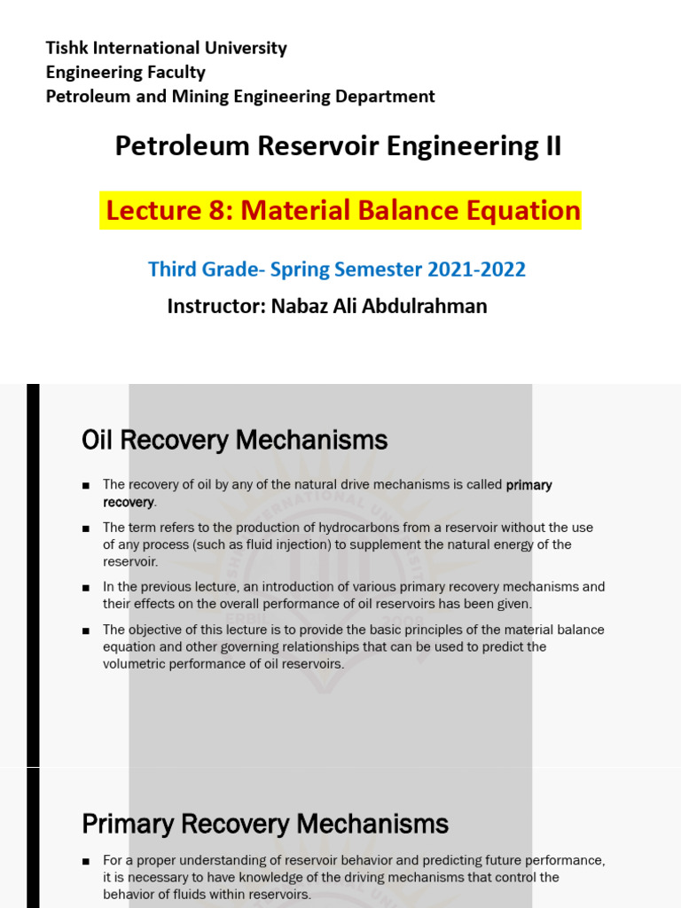 PTR 322 Lecture 8 Material Balance Equation | PDF | Petroleum Reservoir ...