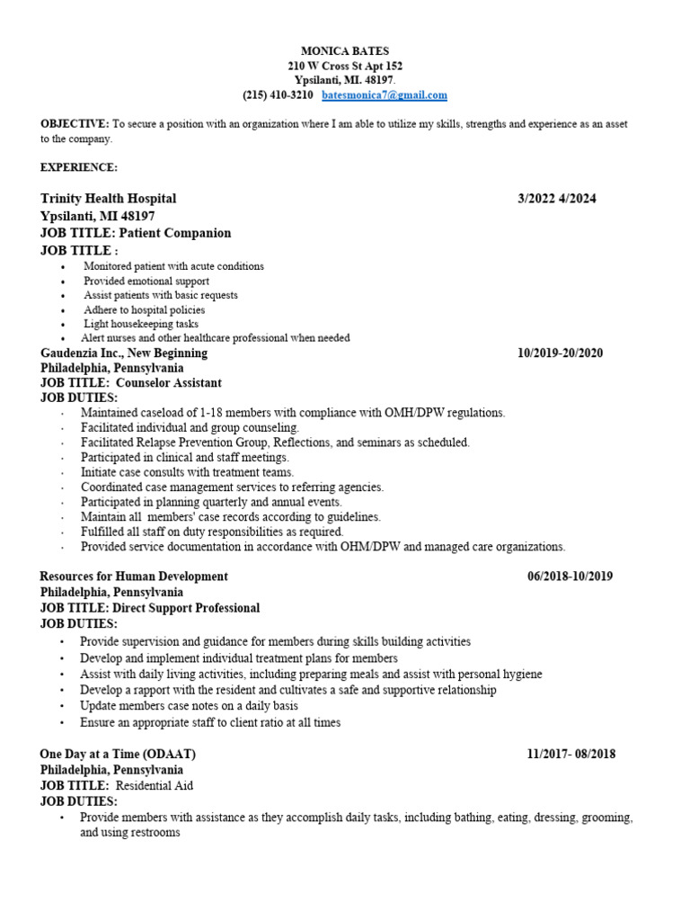 Monica Bates - Human Services Resume | PDF | Patient | Nursing