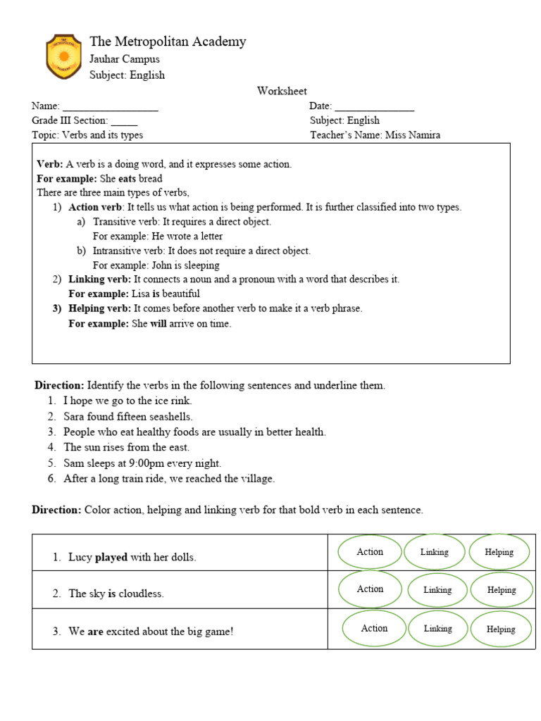 Verbs Worksheet | PDF | Verb | Semantic Units