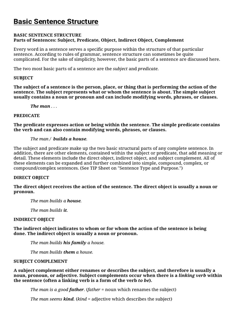 Basic Sentence Structure - TIP Sheets - Butte College1 | PDF | Subject ...