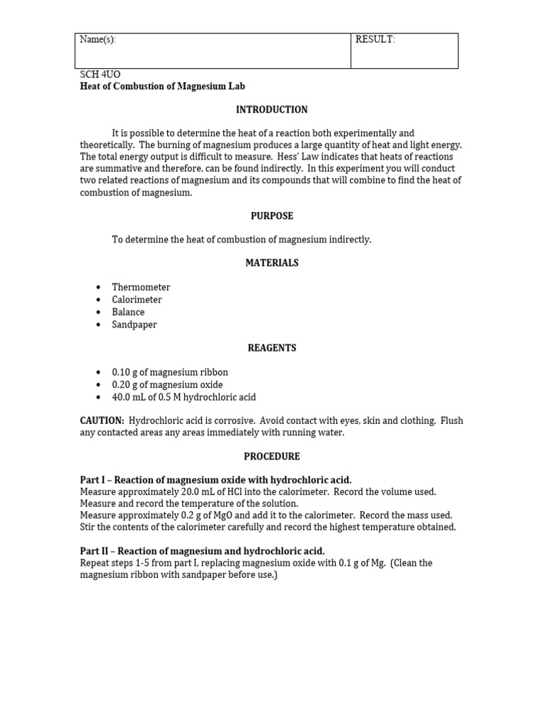 3 - Heat of Combustion of Magnesium Activity S18 | PDF | Magnesium ...