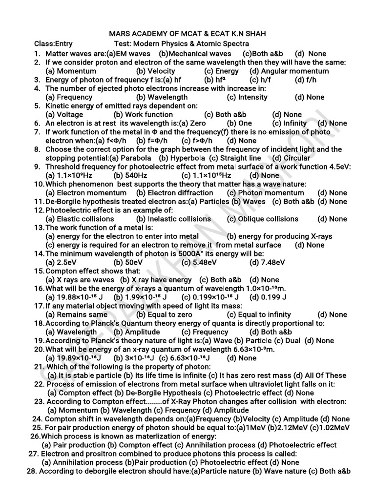 Spectra+modern Entry Test | PDF | Electron | Electronvolt