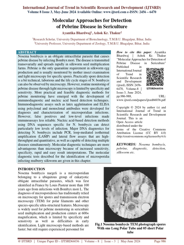 Molecular Approaches For Detection of Pebrine Disease in Sericulture ...