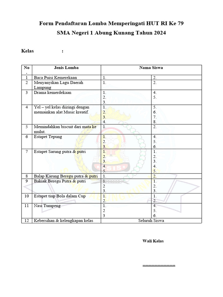 Form Pendaftaran Lomba Memperingati HUT RI Ke 79 | PDF
