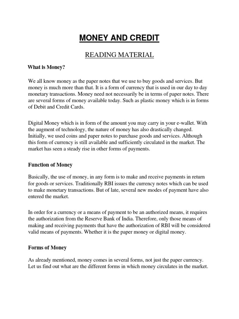 Reading Material-Money and Credit | PDF | Loans | Money