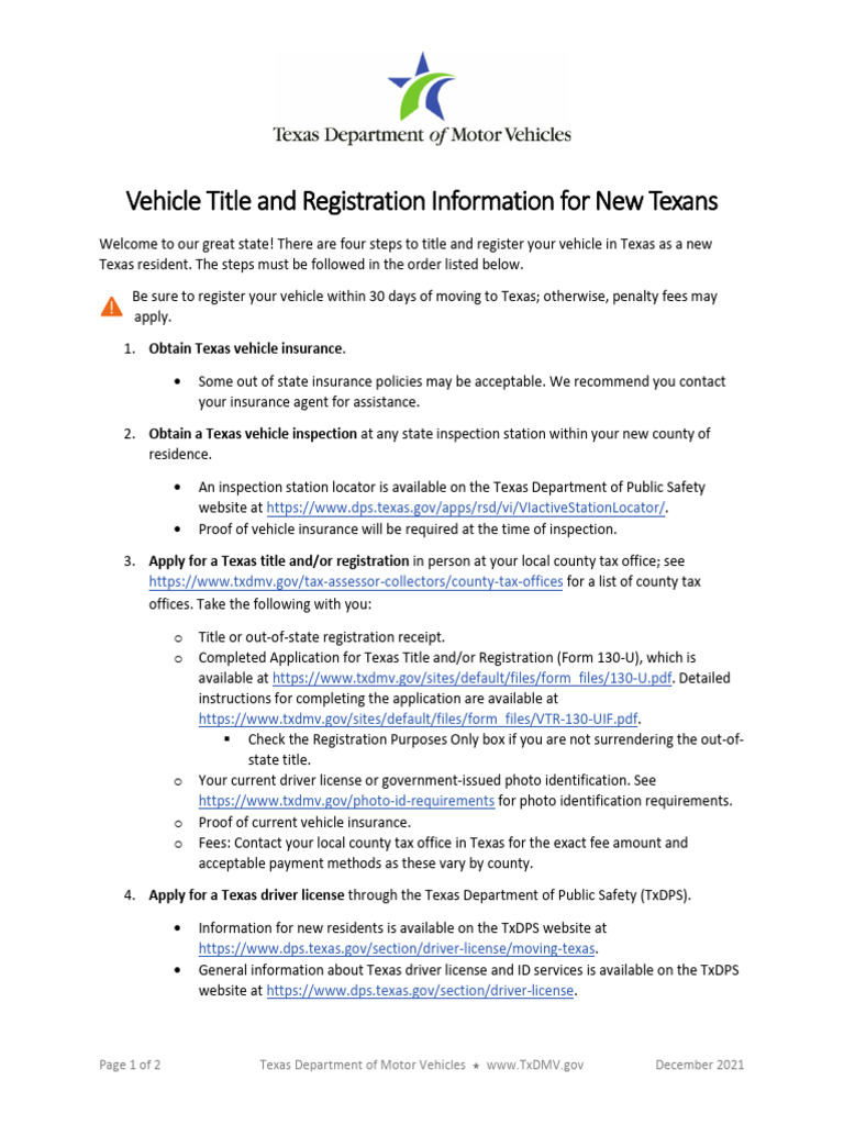 DMV Checklist For New Texans | PDF | Department Of Motor Vehicles ...