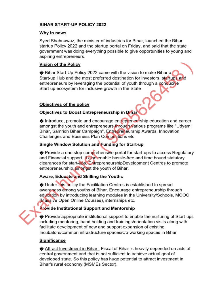 Bihar Startup Policy (Exam Hunter) | PDF | Startup Company | Small ...