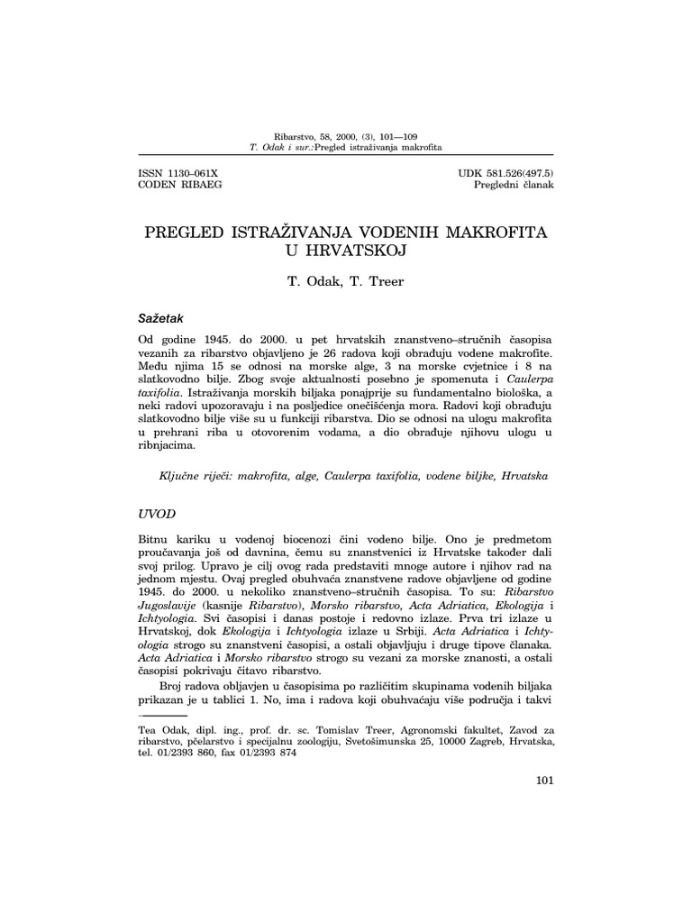 PREGLED ISTRA IVANJA VODENIH MAKROFITA U HRVATSKOJ HR | PDF