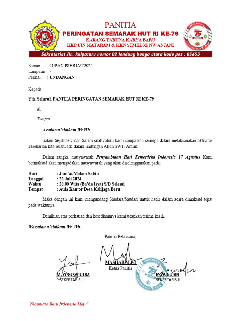 Undangan Panitia Hut Ri Desa Kalijaga Baru | PDF