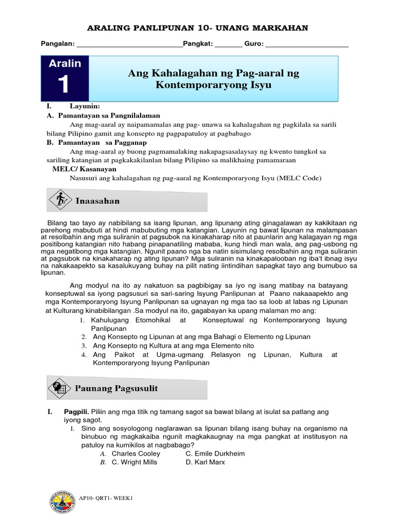 10 AP QTR 1 Week 1 REvalidated | PDF