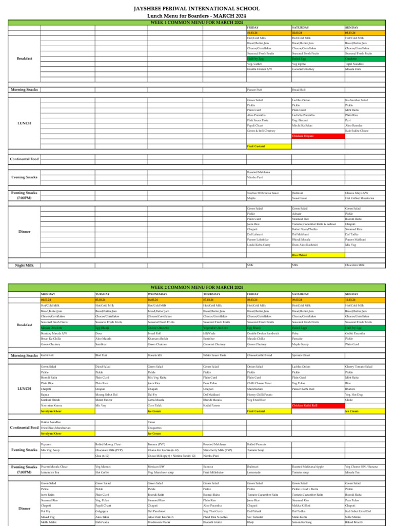 Boarders Menu March 2024 | PDF | Pickling | Lunch