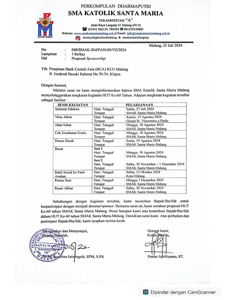 Surat Proposal Pimpinan BCA KCU Malang | PDF