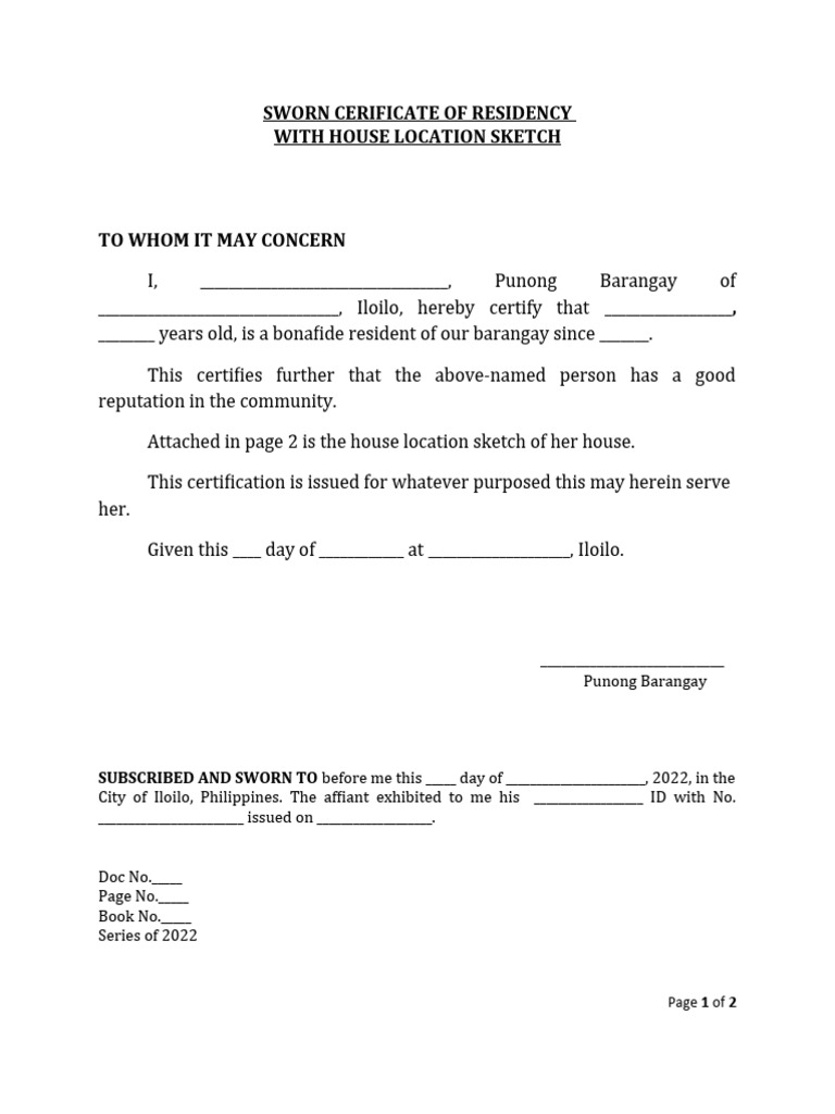 Sample Certificate of Residency with House Location Sketch | PDF
