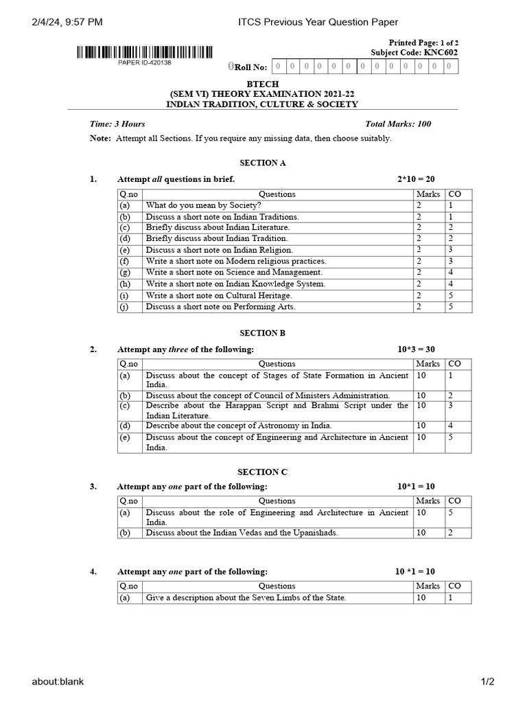 ITCS Indian Tradition Question Paper | PDF | Traditions | Indian Religions