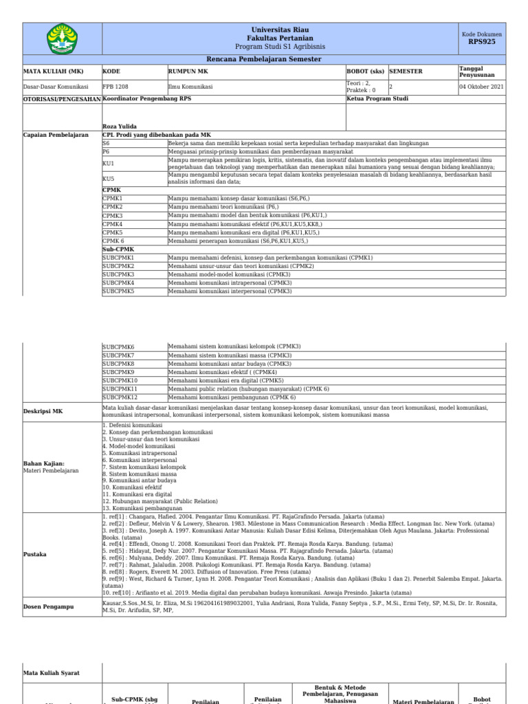 2024 - RPS Dasar-Dasar Komunikasi | PDF