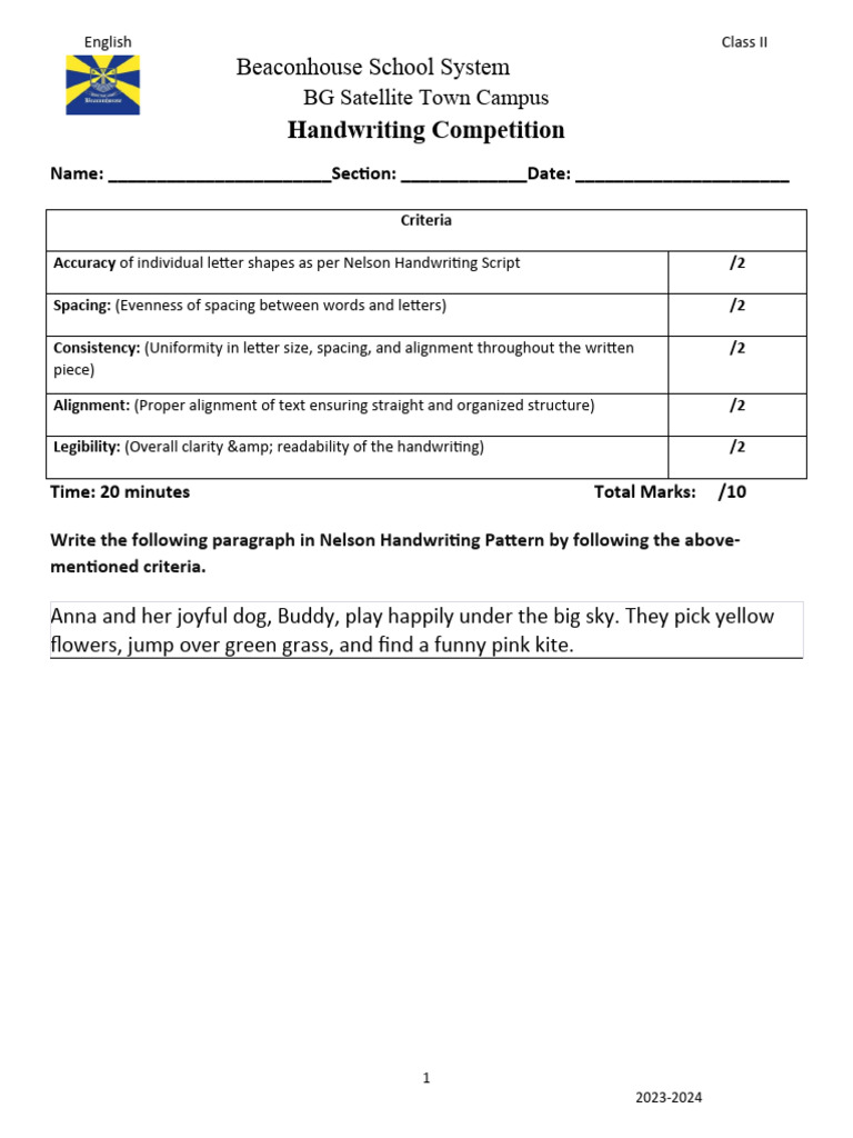 Handwriting Competition For Class Two | PDF