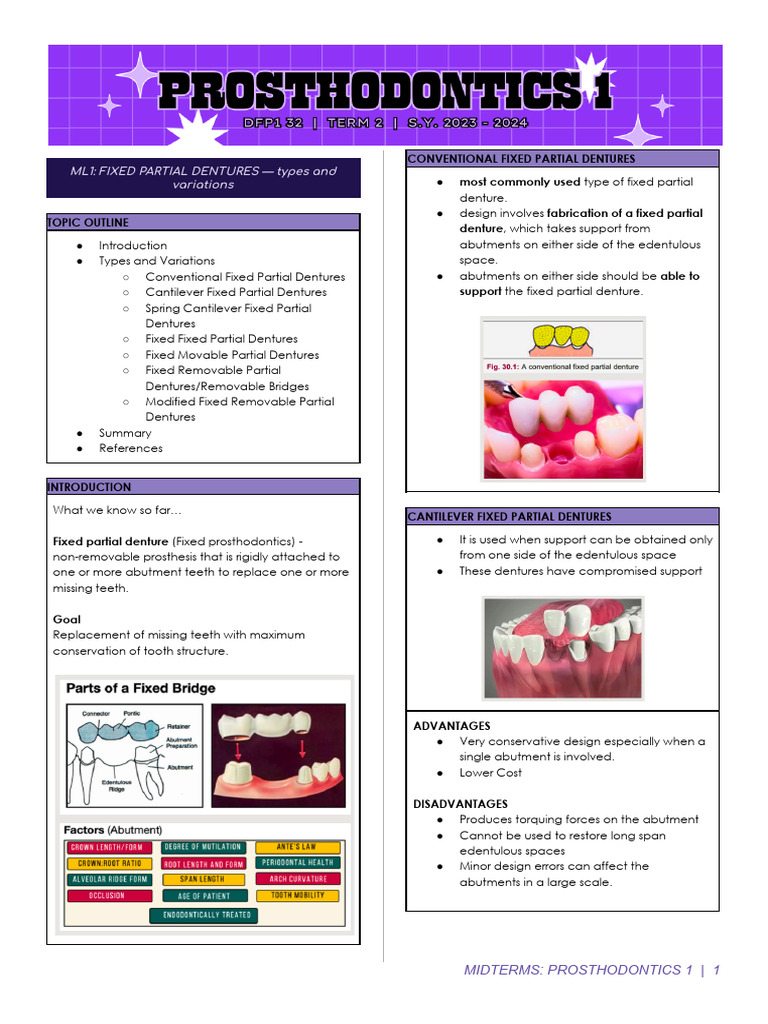 DFP1 - Prosthodontics 1 Midterm Trans | PDF | Dentures | Tooth
