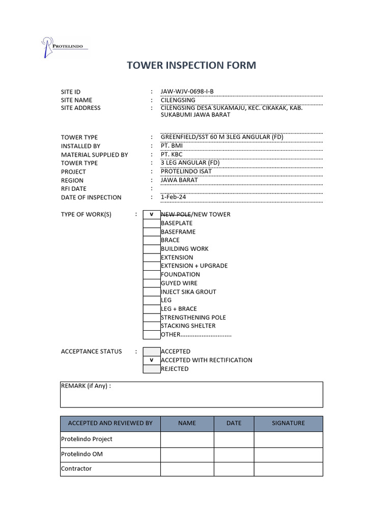 Punchlist TII Tower Inspection SITE CILENGSING | PDF