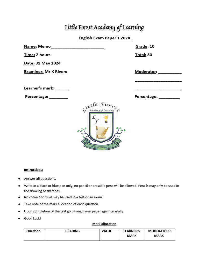 Grade 10 English Term 2 Paper 1 Memo | PDF