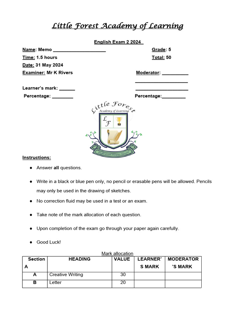 Grade 5 English Term 2 Paper 2 Memo | PDF | Tone (Linguistics) | Paragraph