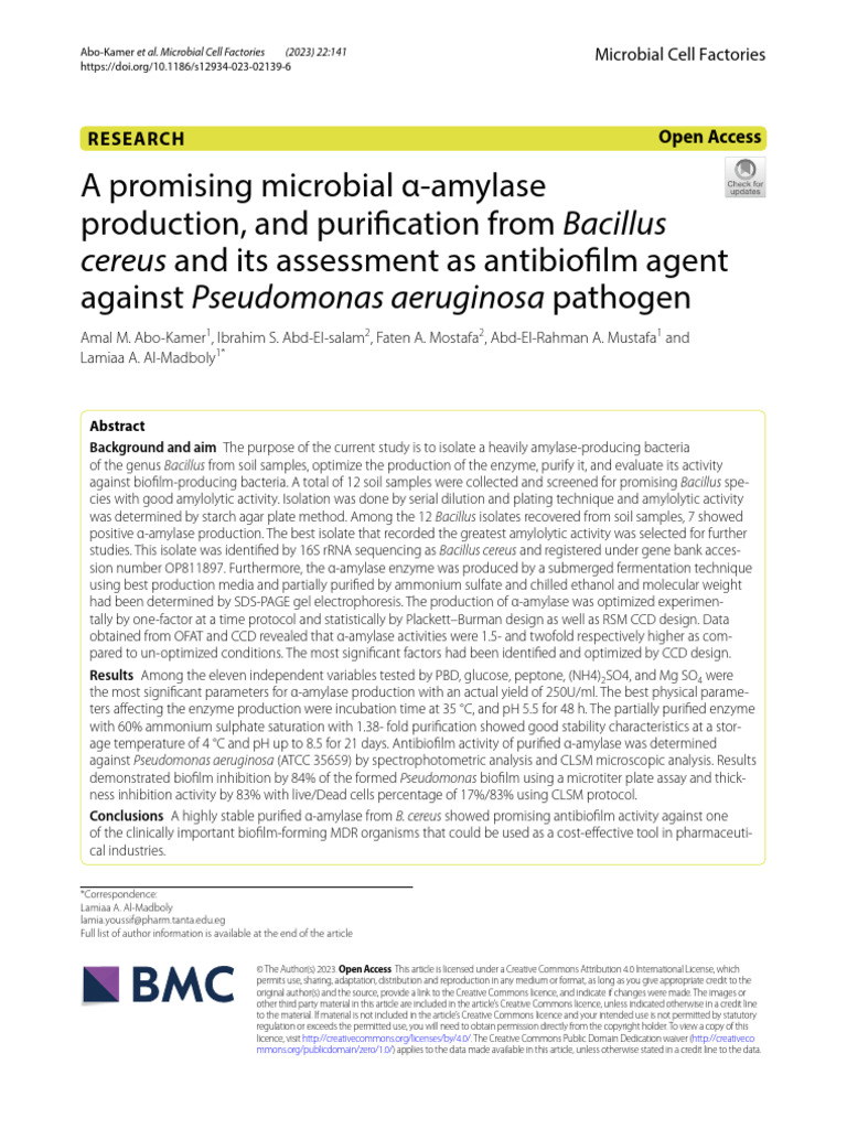 A promising microbial α‑amylase production, and purification from Bacillus against Pseudomonas ...