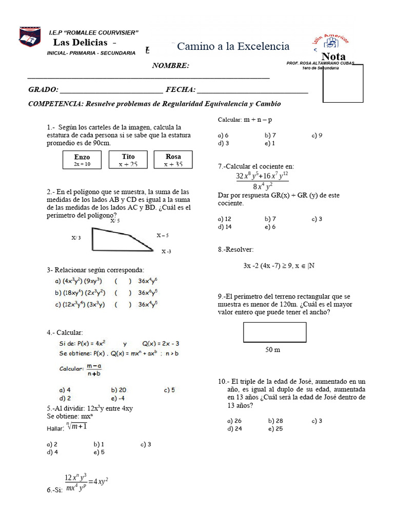 Eva - Iv Unidad - Algebra 1ero | PDF | Matemáticas