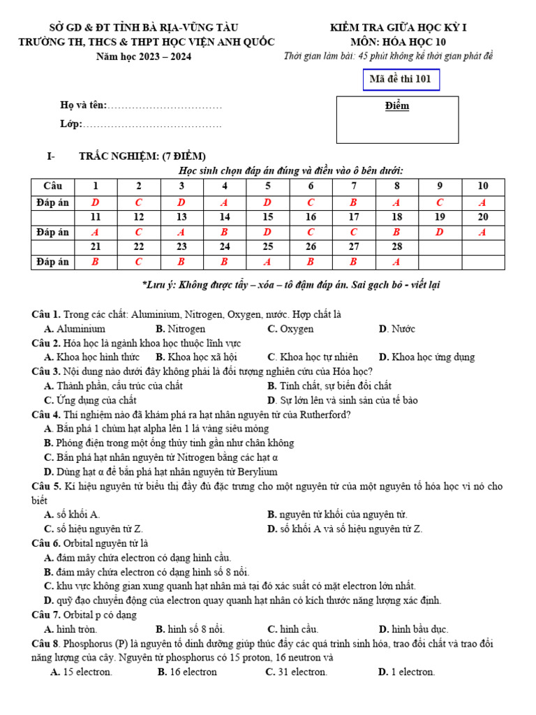 20231003.H10.ĐÁP ÁN ĐỀ KT GKI UKA | PDF