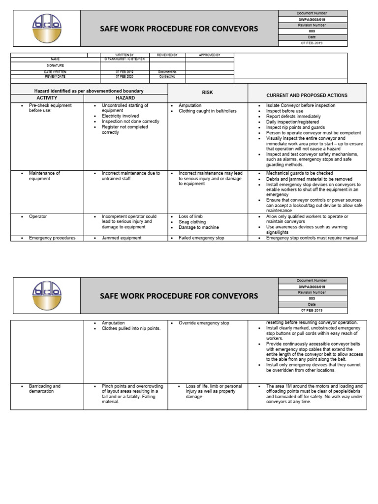 CONVEYORS Safe Working Procedure | PDF | Occupational Safety And Health ...